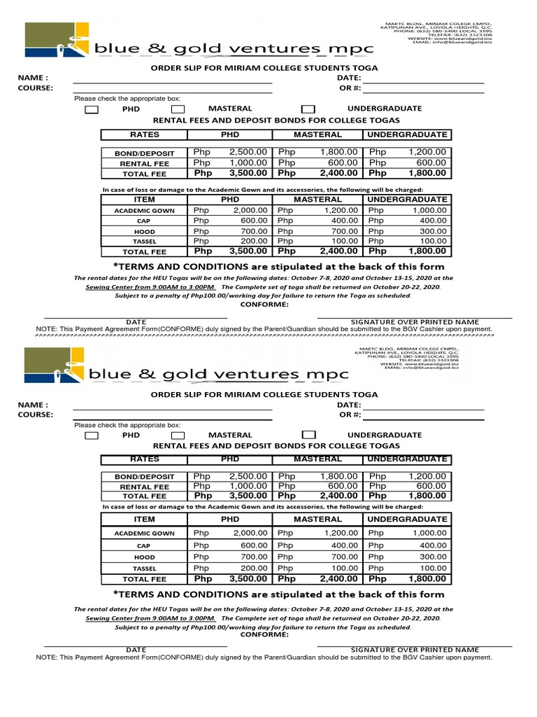 College Toga Rental Agreement Form | PDF | Fee | Services (Economics)