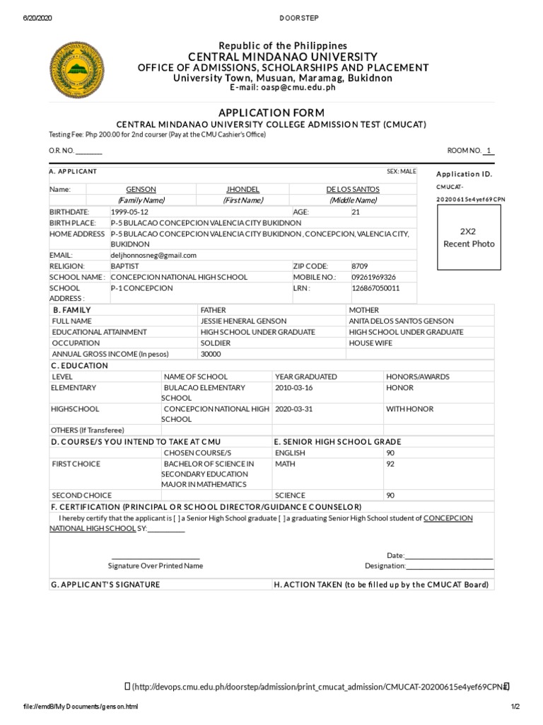 Central Mindanao University: Application Form | PDF | Business