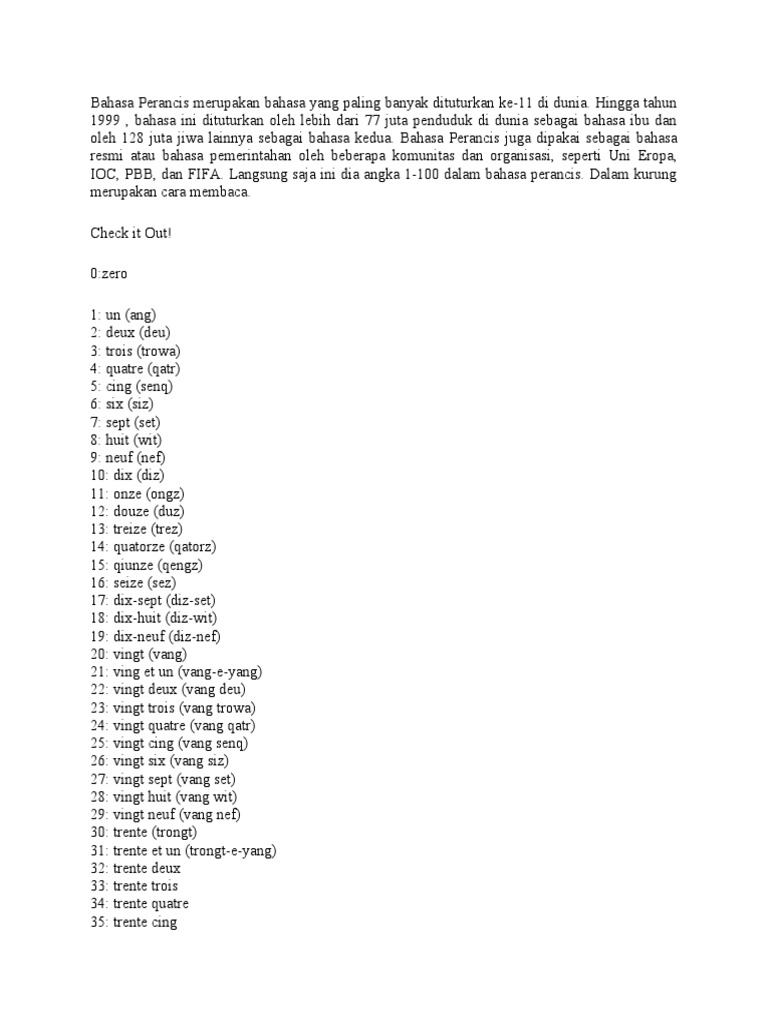 Angka 1-100 dalam Bahasa Prancis | PDF | Gaya Hidup
