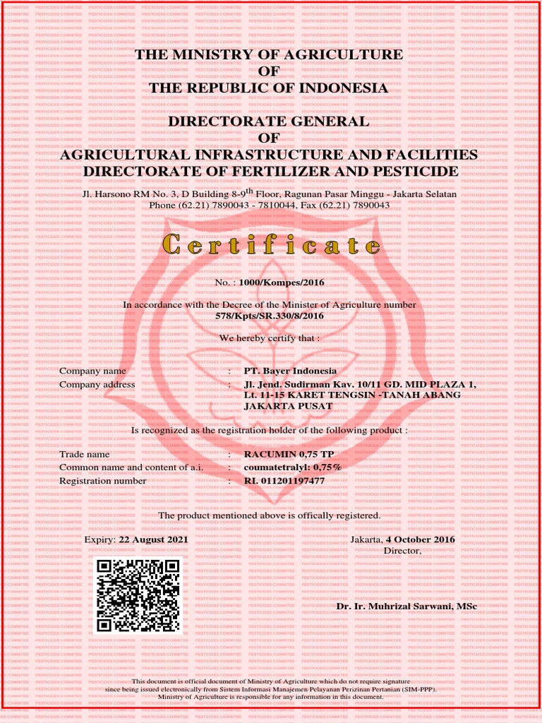 Racumin 0.75 TP Registration Certificate | PDF