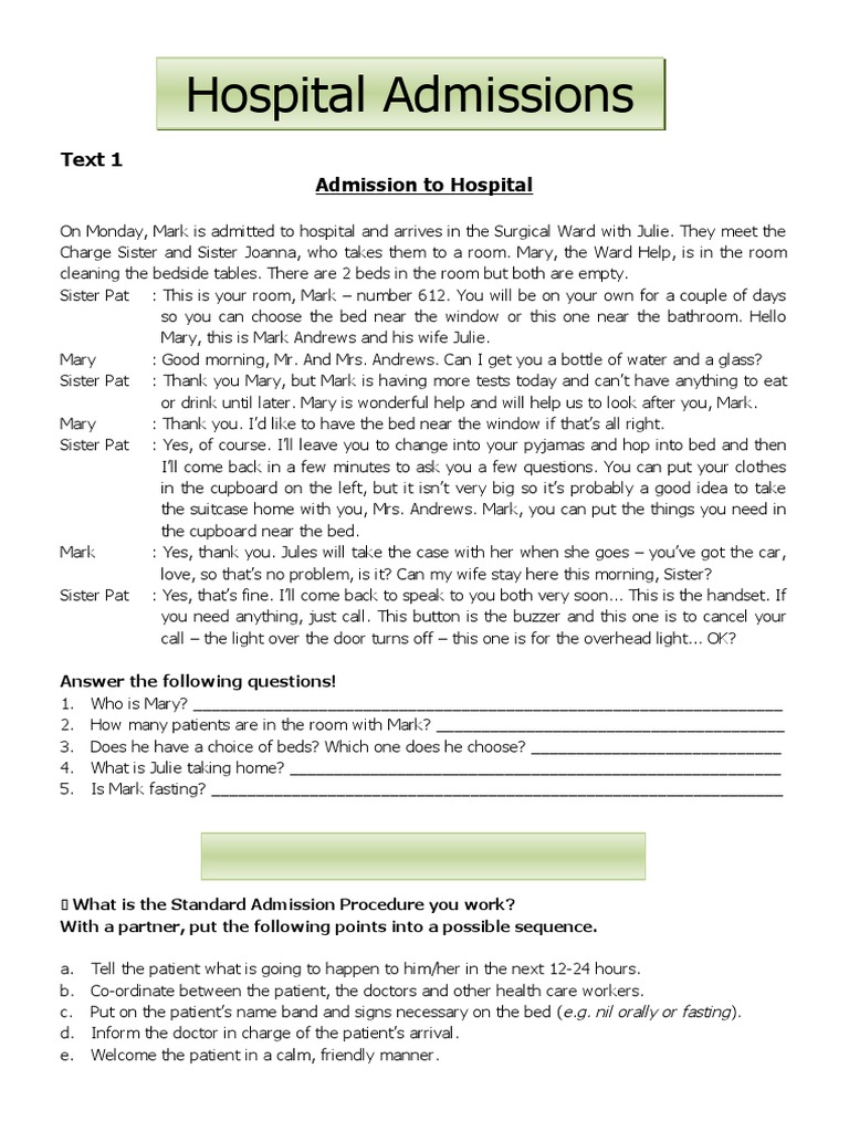 Admission To Hospital + Chart | PDF | Patient | Hospital