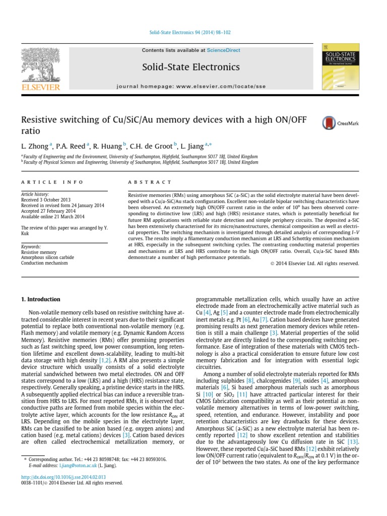 Resistive Switching of Cu/SiC/Au Memory Devices with an Extremely High ...