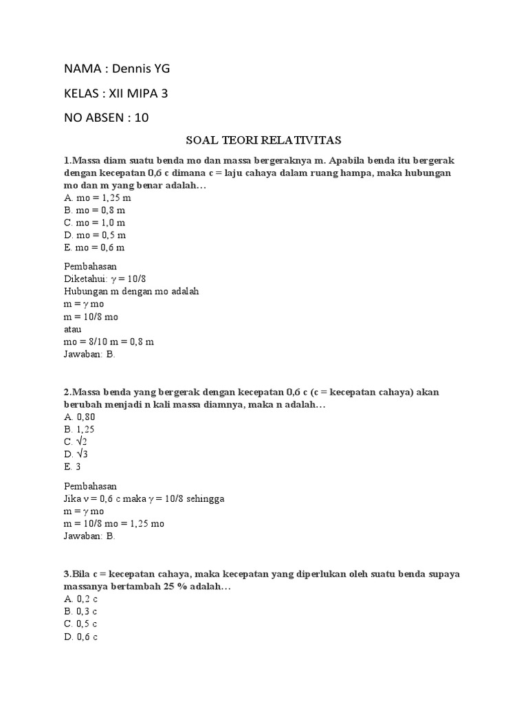 Soal Relativitas Fisika XII | PDF | Sains & Matematika
