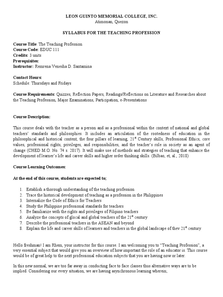 The Teaching Profession Syllabus-Course Outline-Study Guide | PDF ...