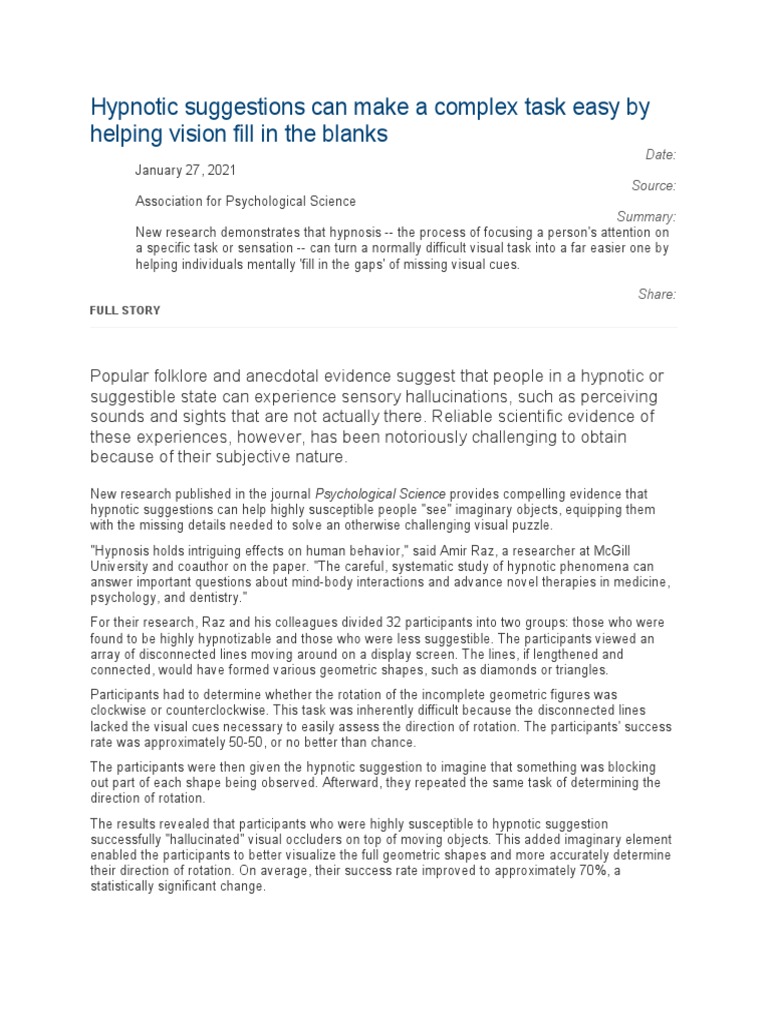 Hypnotic Suggestions Can Make A Complex Task Easy by Helping Vision ...