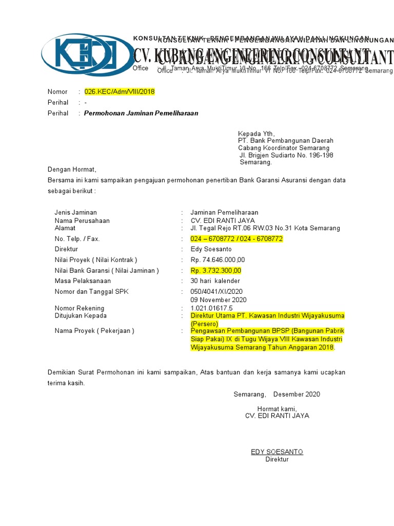 Permohonan Jaminan Pelaksanaan Bank | PDF | Bisnis