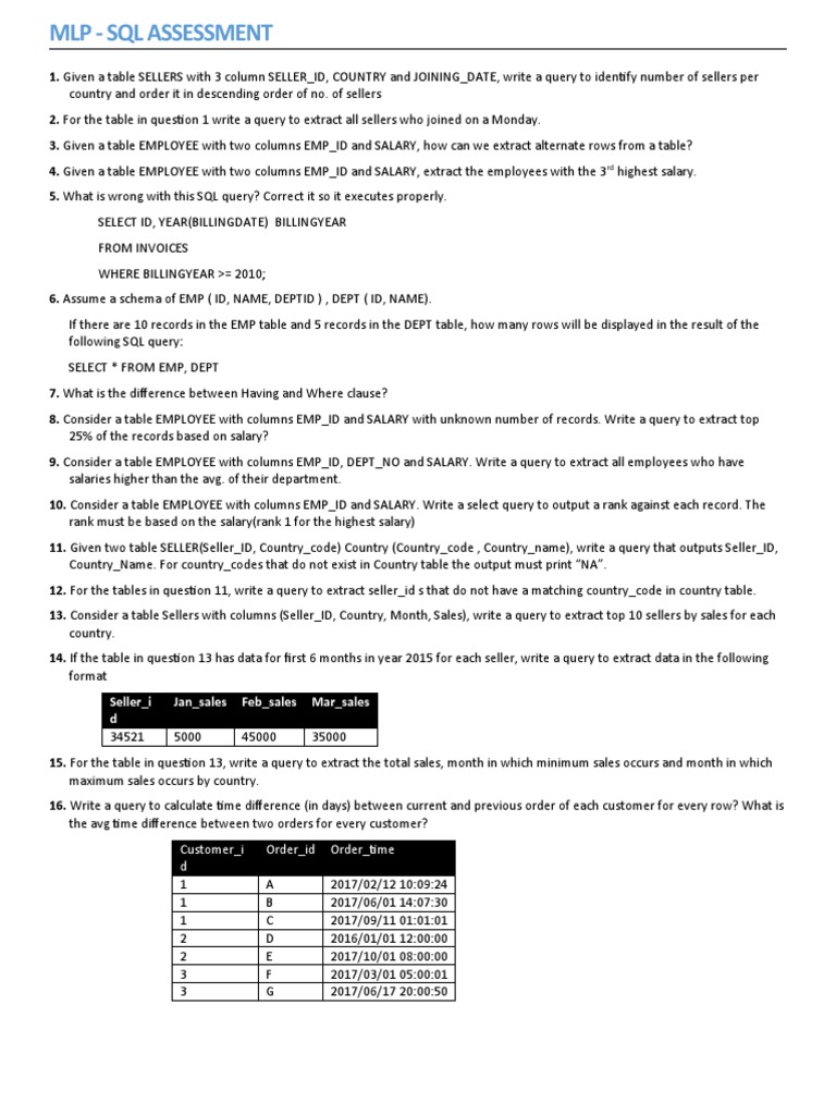 SQL Skills Assessment Guide | PDF | Data Management Software | Databases