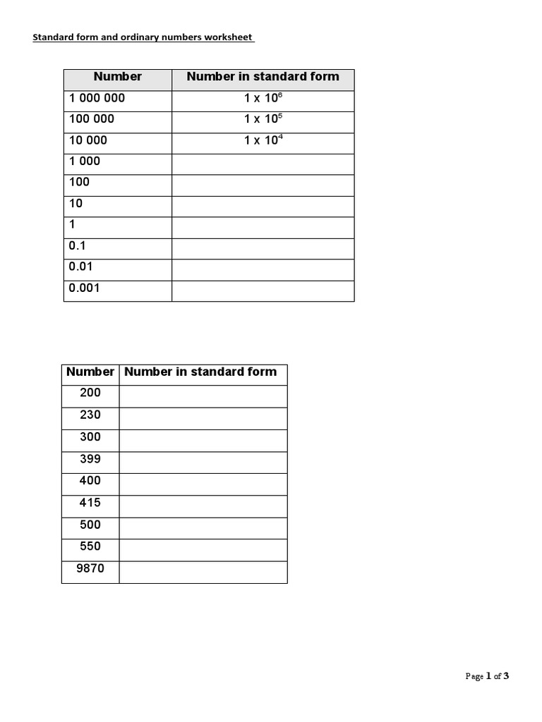Standard Form and Ordinary Numbers Worksheet | PDF