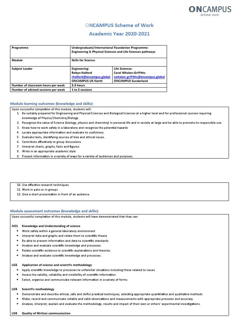 UFP Skills For Science SOW 2020-21 | PDF | Educational Assessment | Laboratories