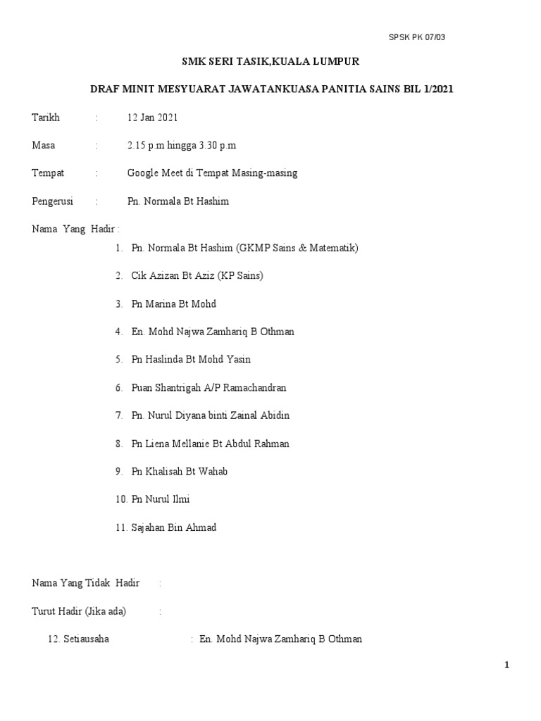 Draf Mesy Panitia Sains 1 (2021) | PDF