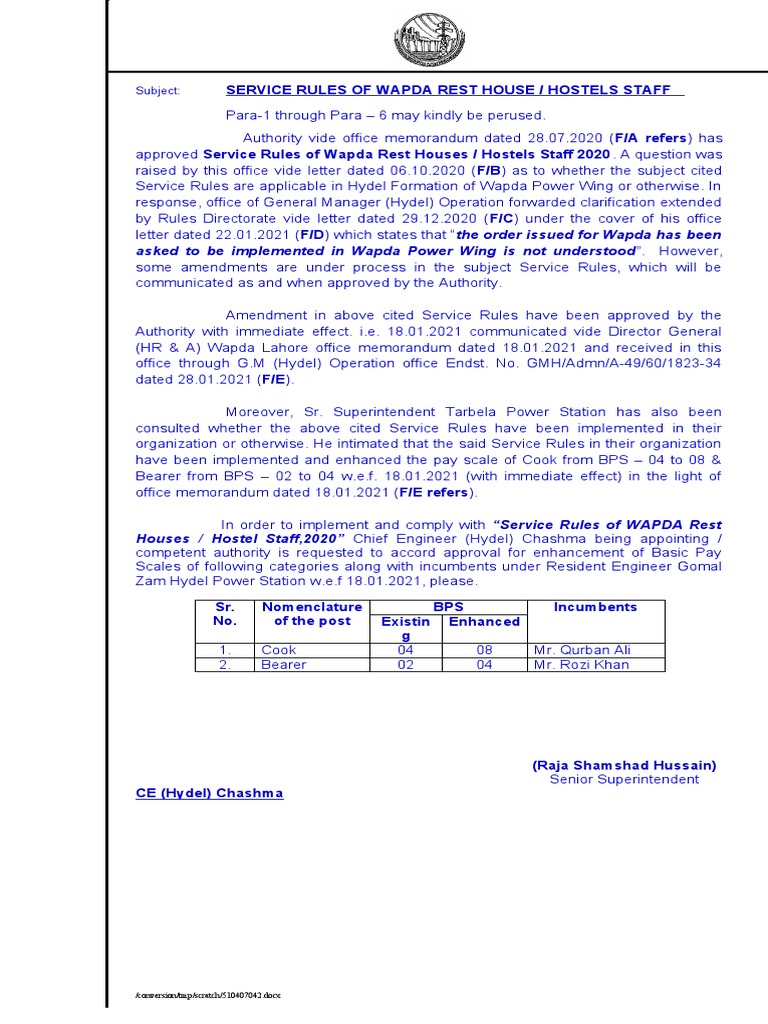 Noting - Service Rules Wapda Rest House Staff | PDF | Government