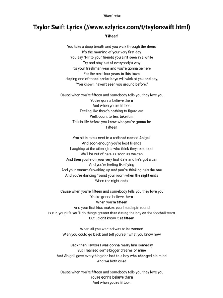 Taylor Swift - Fifteen Lyrics | PDF