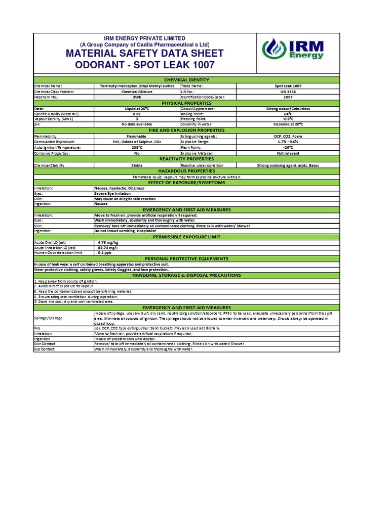 MSDS Natural Gas Odorant | PDF | Carbon Dioxide | Personal Protective Equipment