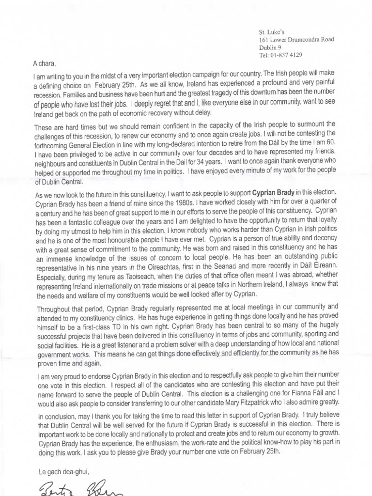 Bertie Ahern's Late Night Letter About Cyprian Brady | PDF