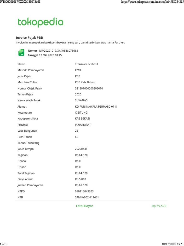 Pembayaran PBB 2020 Bp. Suyatno Tokopedia | PDF