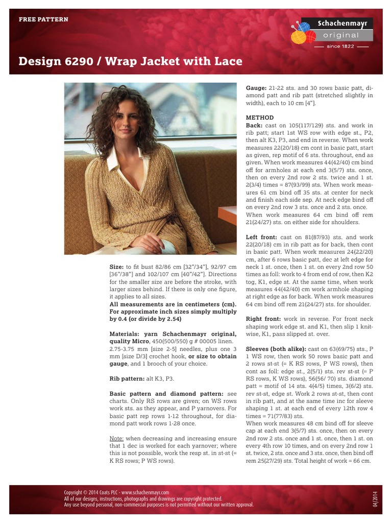 Free Pattern 6290 Wrap Jacket With Lace - US | PDF | Crochet | Gauge ...
