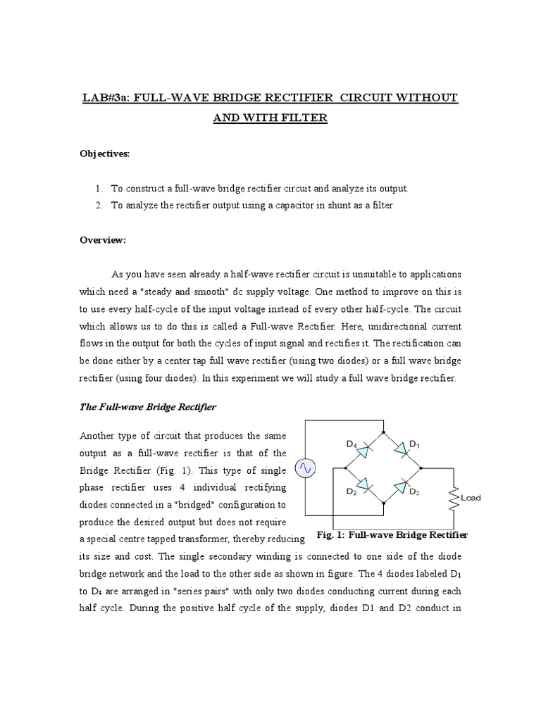 Lab#3A: Full-Wave Bridge Rectifier Circuit Without and With Filter | PDF | Rectifier | Power ...
