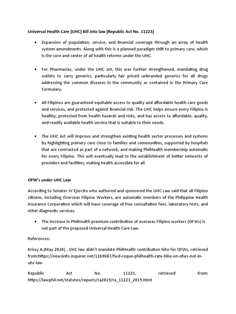 Universal Health Care (UHC) Bill Into Law (Republic Act No. 11223) | PDF