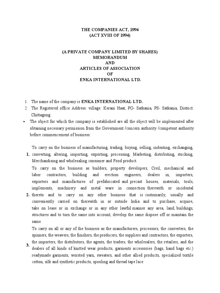 Articles and Memorandum of Association | PDF | Board Of Directors ...