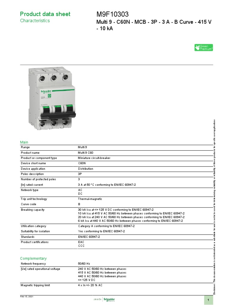 Product Data Sheet: Multi 9 - C60N - MCB - 3P - 3 A - B Curve - 415 V ...