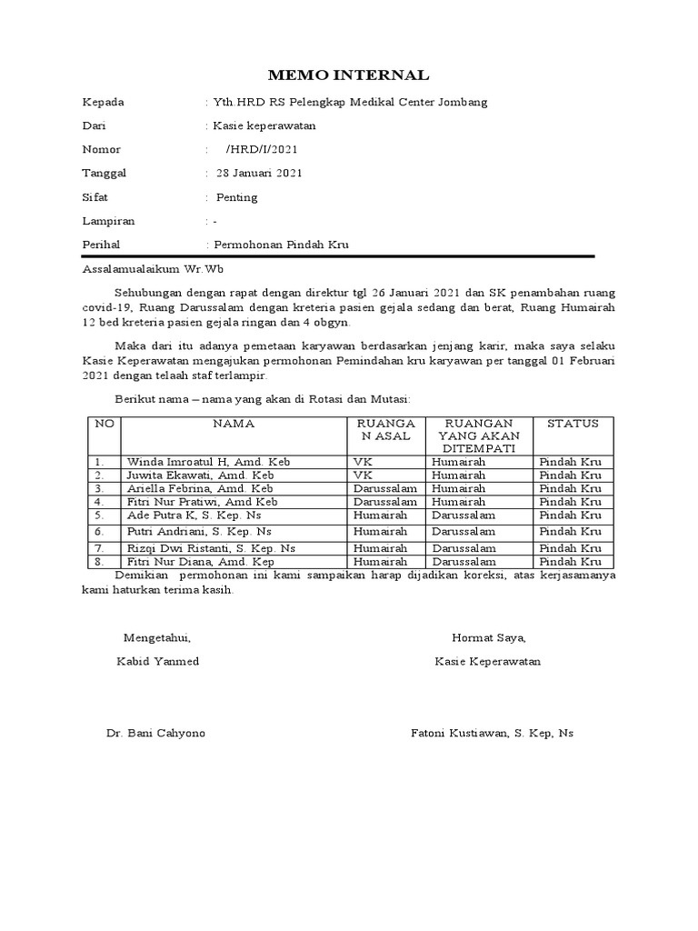 MEMO INTERNAL Ganti Kru | PDF