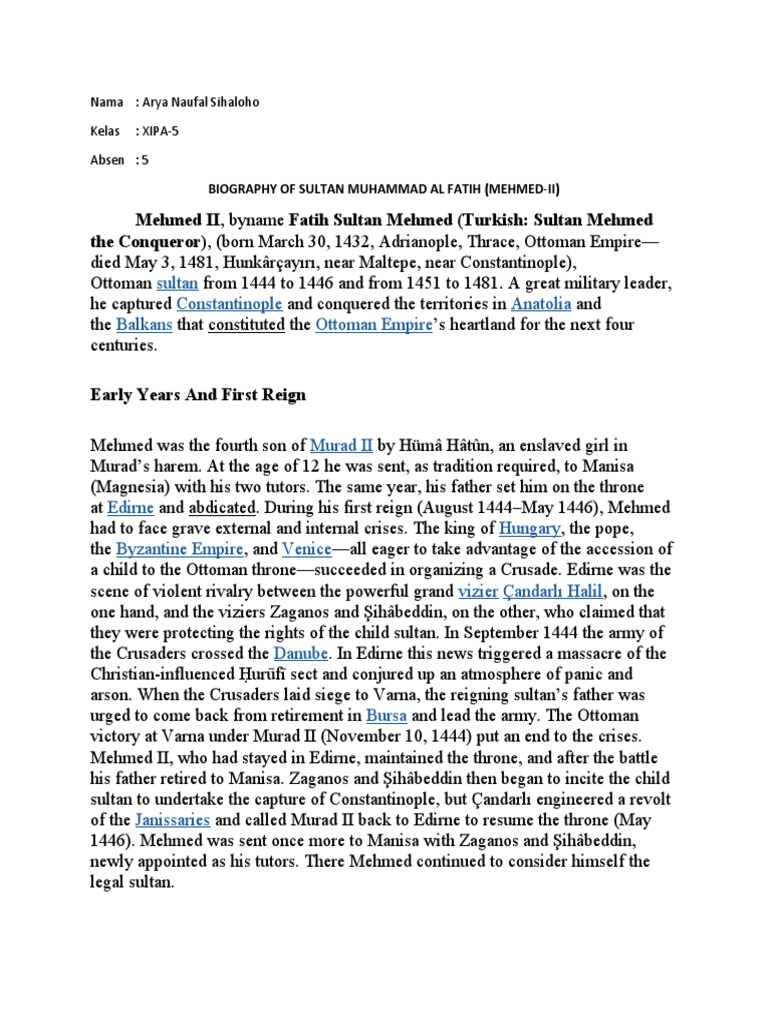 Biography of Sultan Mehmed II - Arya Naufal Sihaloho XIPA-5 | PDF ...