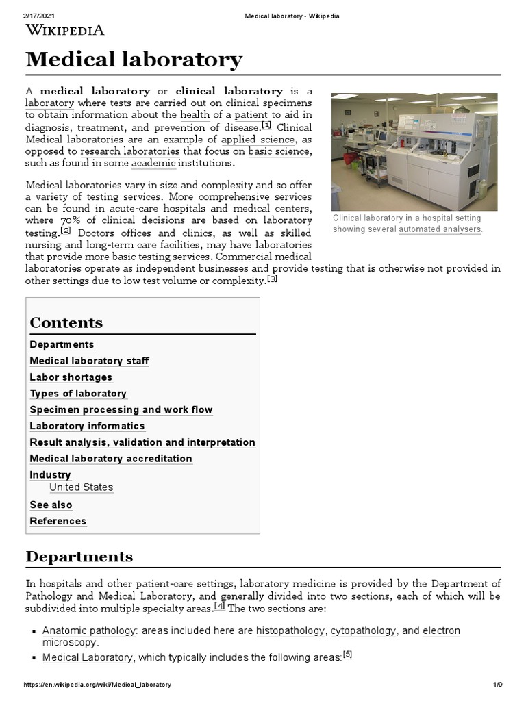 Medical Laboratory - Wikipedia | PDF | Medical Laboratory | Medicine