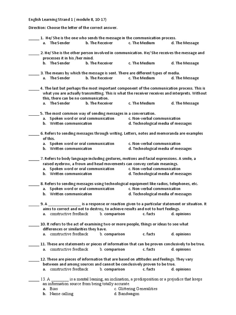 Communication Skills Answer Key | PDF | Communication | Nonverbal ...