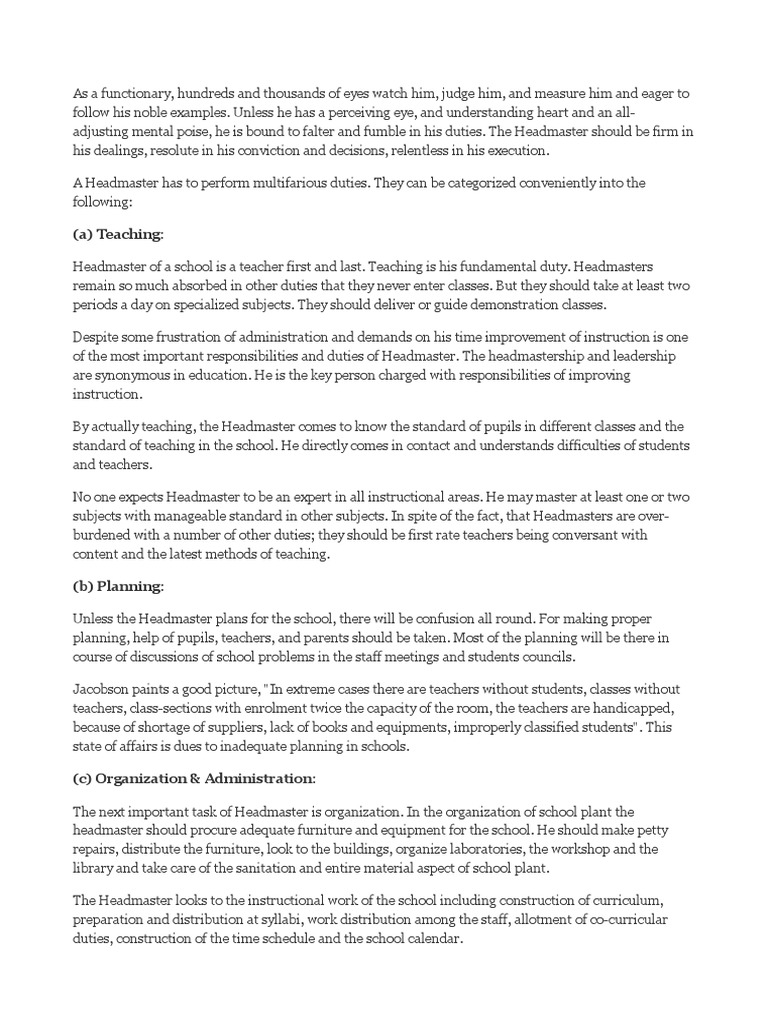 Role of Headmaster | PDF | Head Teacher | Schools