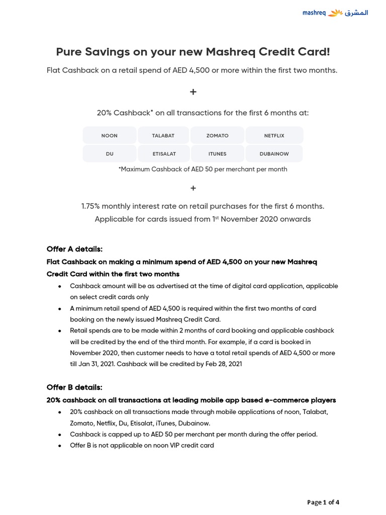 Pure Savings On Your New Mashreq Credit Card!: Offer A Details | PDF ...