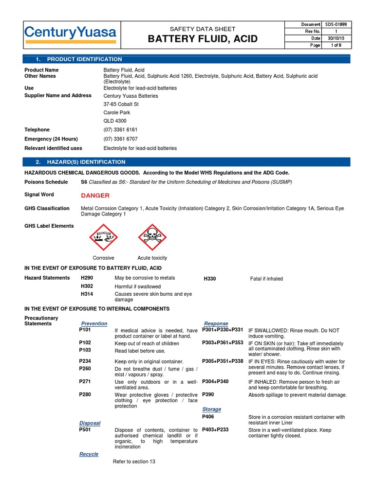 Battery Fluid, Acid | PDF | Dangerous Goods | Sulfuric Acid