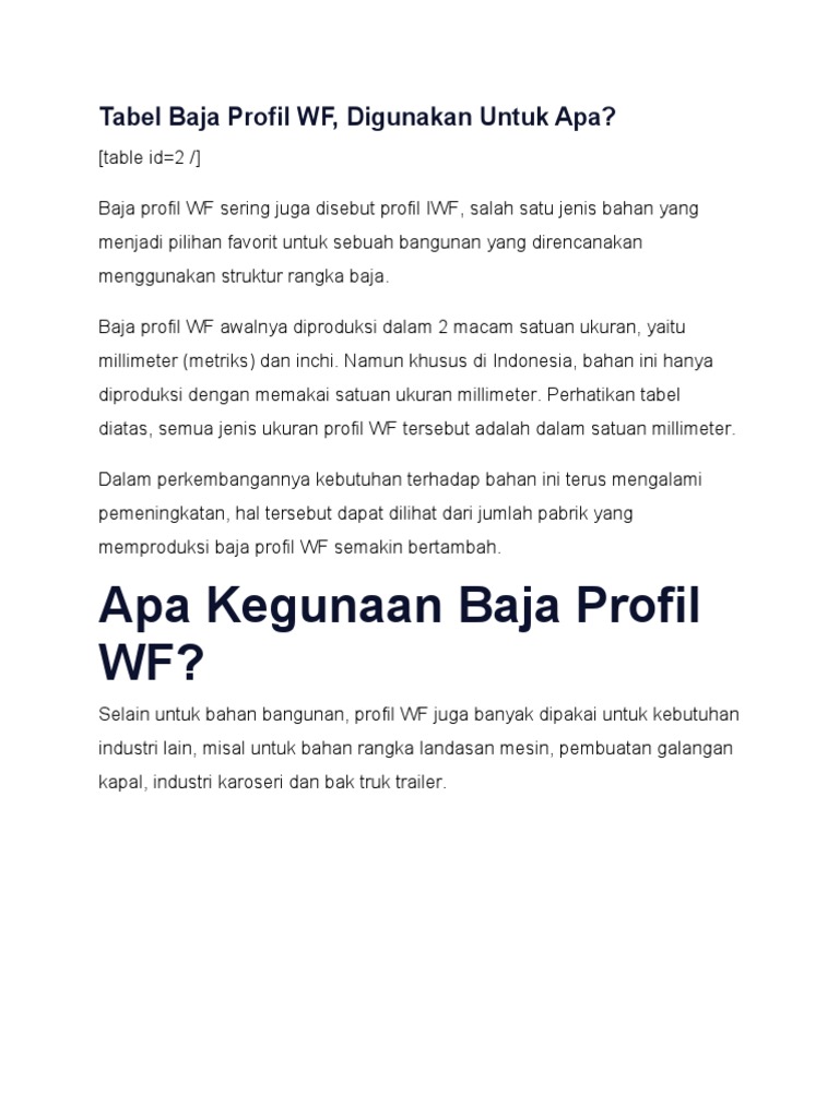 Tabel Ukuran dan Kegunaan Baja Profil WF | PDF | Komputer | Teknologi ...