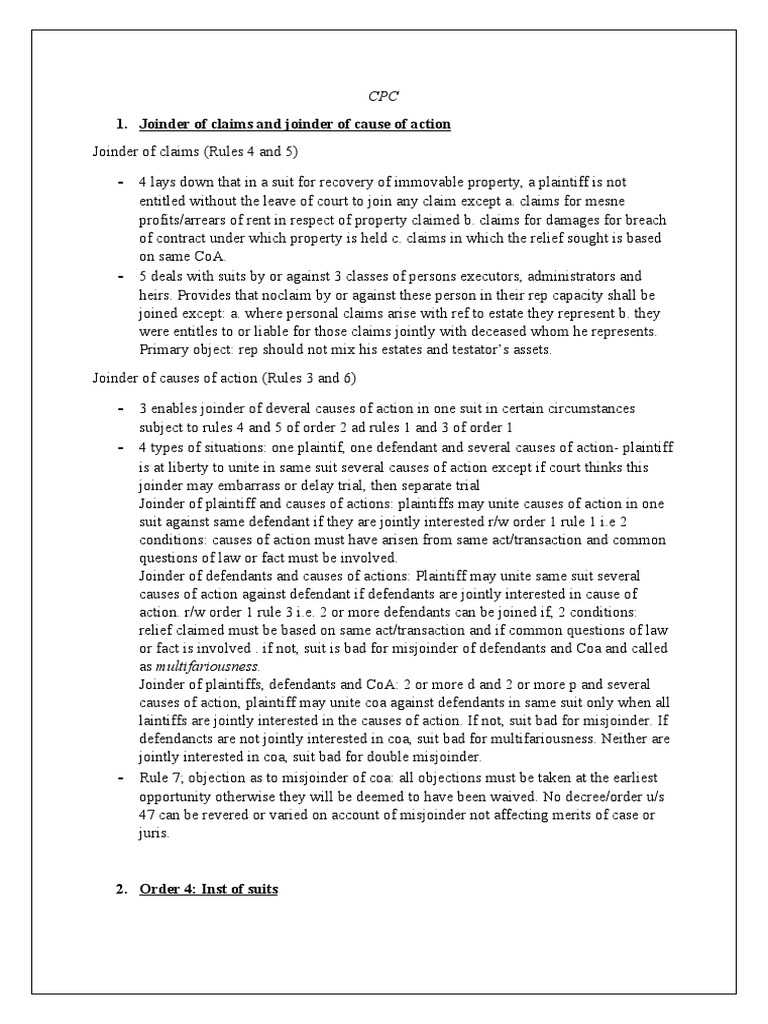CPC Test Notes | PDF | Pleading | Joinder