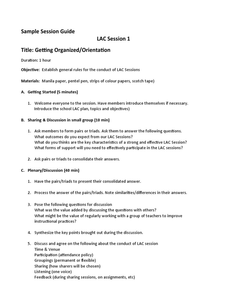 Sample Session Guide LAC Session 1 Title: Getting Organized/Orientation ... Sample Session Guide LAC Session 1 Title: Getting Organized/Orientation ...