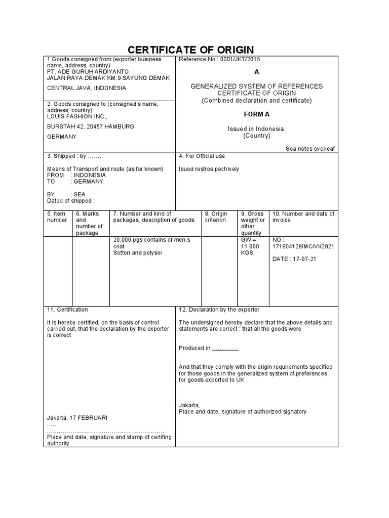 Generalized System of References Certificate of Origin (Combined ...