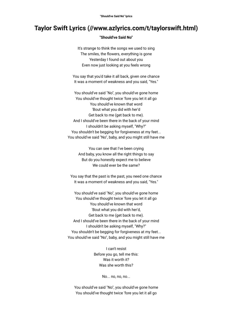 Taylor Swift - Should - Ve Said No Lyrics | PDF