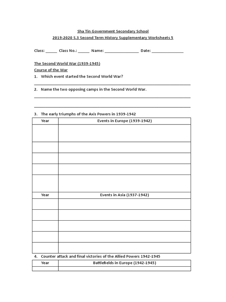Year 5 WWII History Worksheet | PDF | World War II | Cold War