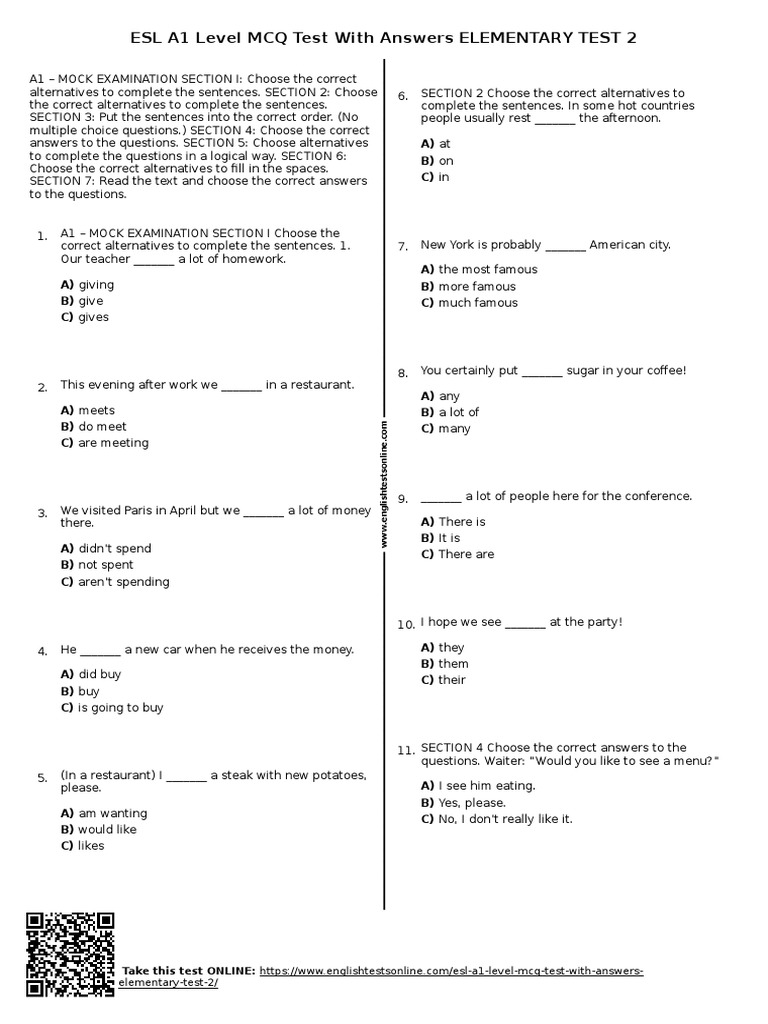 675 - Esl A1 Level MCQ Test With Answers Elementary Test 2 | PDF ...