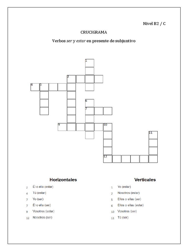 Crucigrama SER y ESTAR en Subjuntivo Niveles B2 y C | PDF
