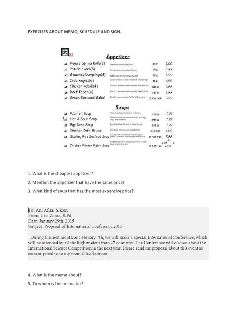 Exercises About Memo, Schedule, Sign | PDF