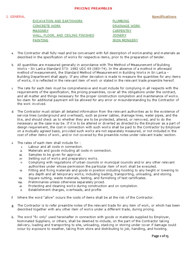 Pricing Preambles | PDF | Concrete | Pipe (Fluid Conveyance)