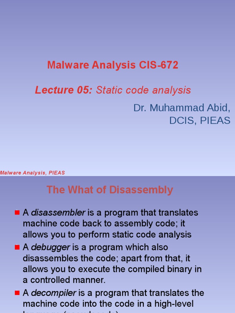 Malware Analysis Cis 672 Lecture 05 Static Code Analysis Pdf