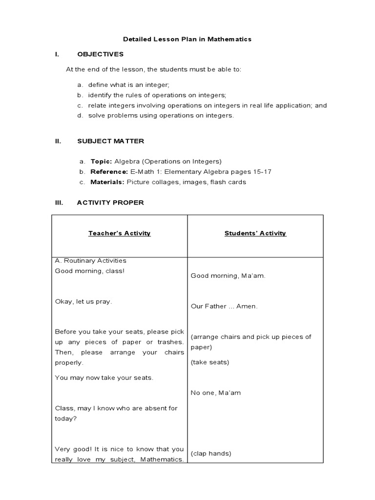 Lesson Plan in Math Integers | PDF | Integer | Numbers
