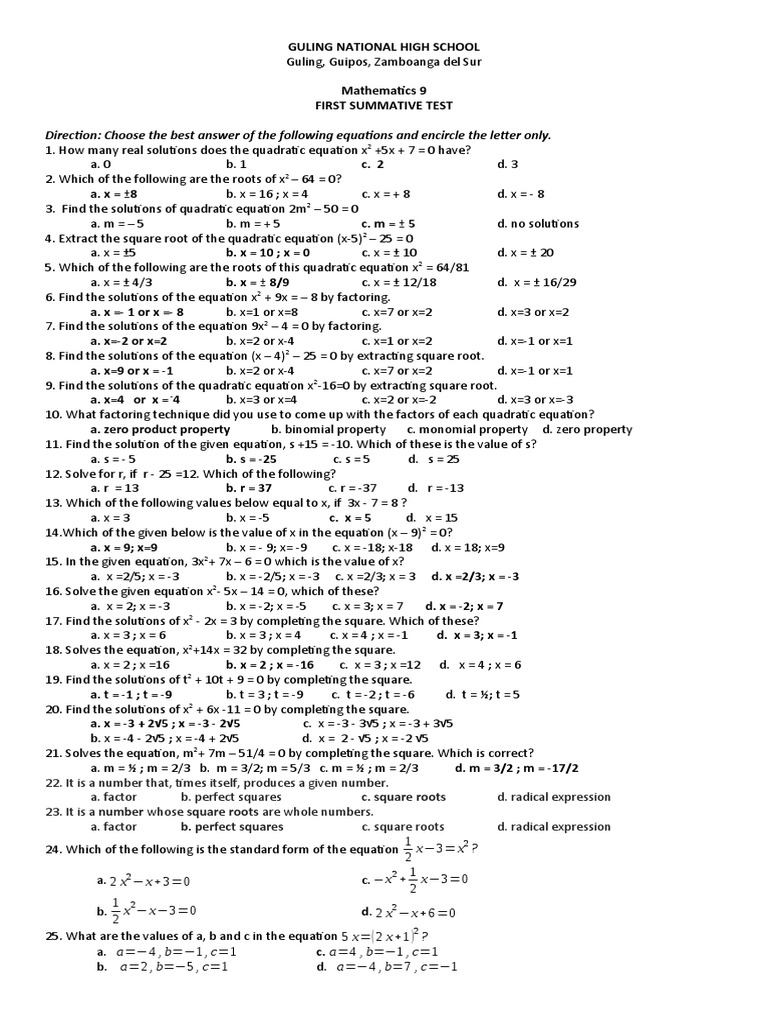 Math 9 1st Summative 2020 With Answer Key | PDF | Quadratic Equation ...