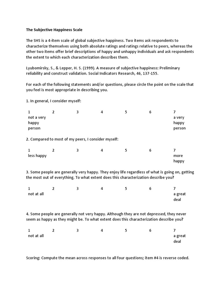 Subjective Happiness Scale Overview | PDF