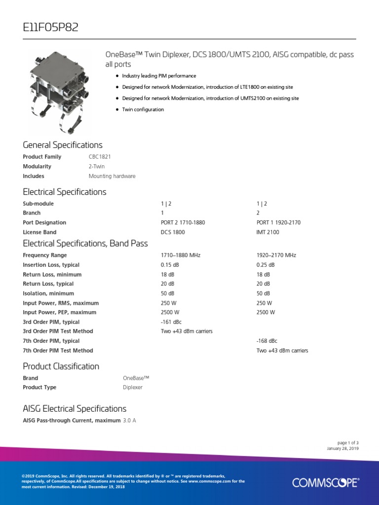 Datasheet Commscope Diplexer 1800-2100 COMMSCOPE E11F05P82 | PDF ...
