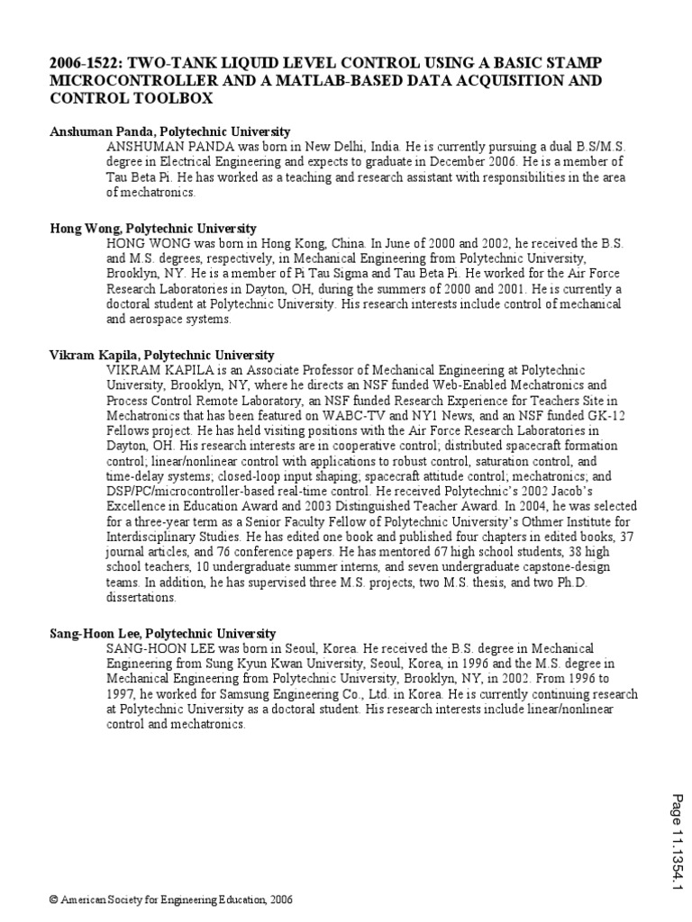 2006-1522: Two-Tank Liquid Level Control Using A Basic Stamp Microcontroller and A Matlab-Based ...