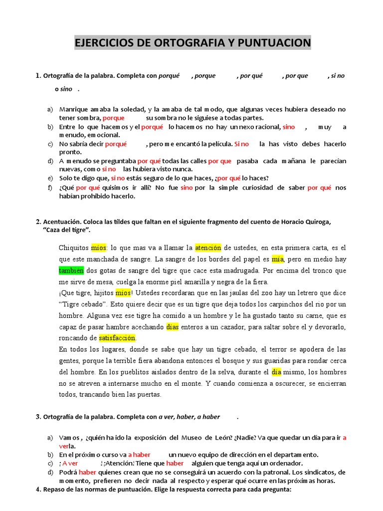 Ejercicios de Ortografía y Puntuación | PDF | Oración (Lingüística ...