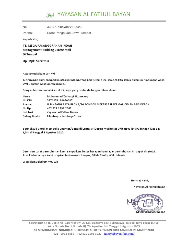 Surat Pengajuan Sewa Tempat | PDF Surat Pengajuan Sewa Tempat | PDF