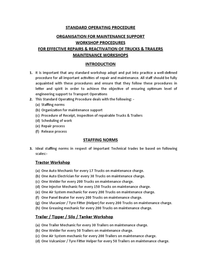 SOP-Repair of Trucks & Trailers in Workshop | PDF | Truck | Trailer ...